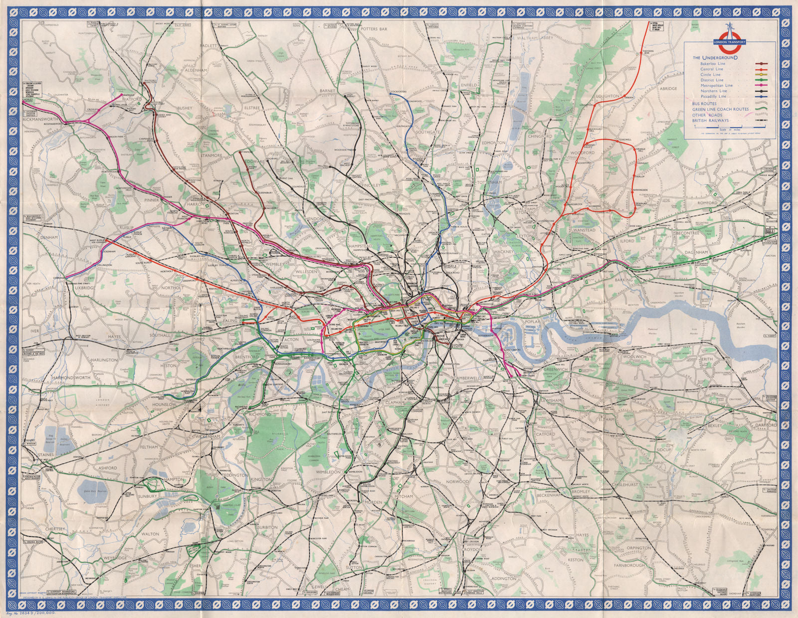 LONDON TRANSPORT MAP. Underground tube bus green line coaches rail ...