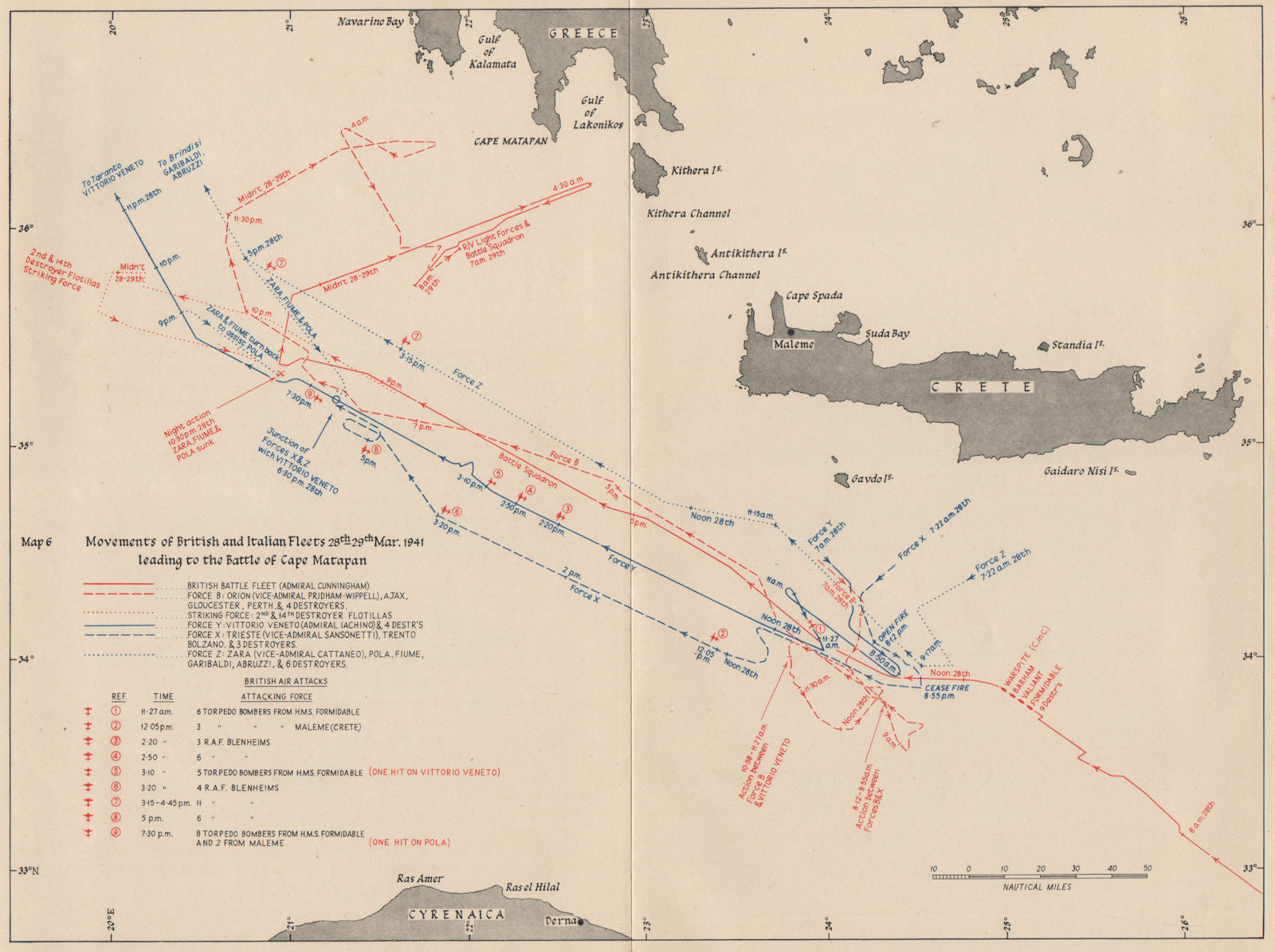BATTLE OF CAPE MATAPAN. British/Italian fleet movements 28-29 Mar. 1941 ...