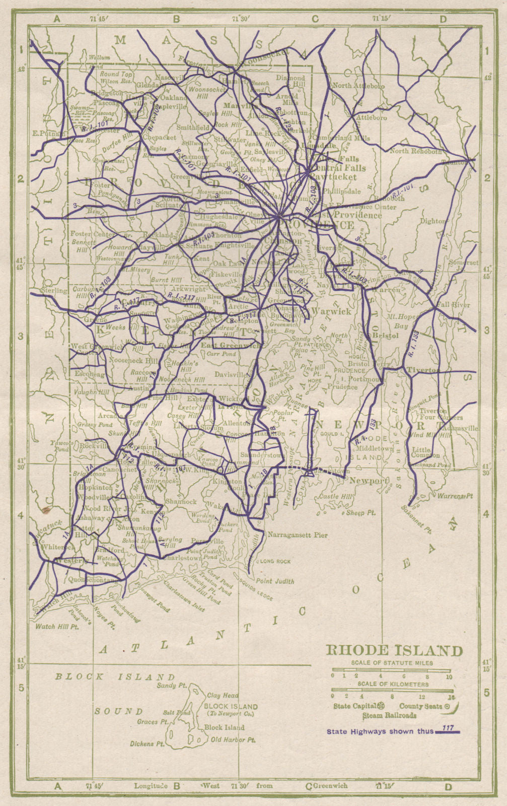 Rhode Island State Highways. POATES 1925 old vintage map plan chart ...