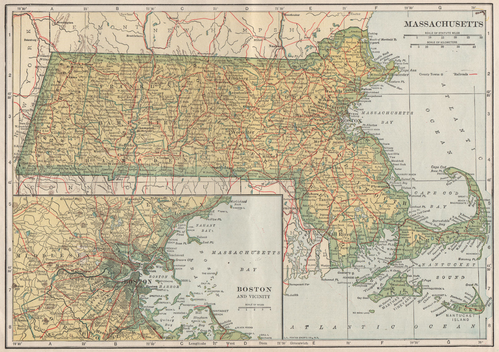 Massachusetts & Boston area state map showing railroads. POATES 1925 ...