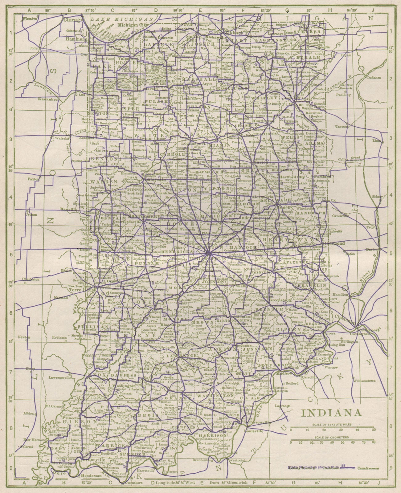 Indiana State Highways. POATES 1925 old vintage map plan chart ...