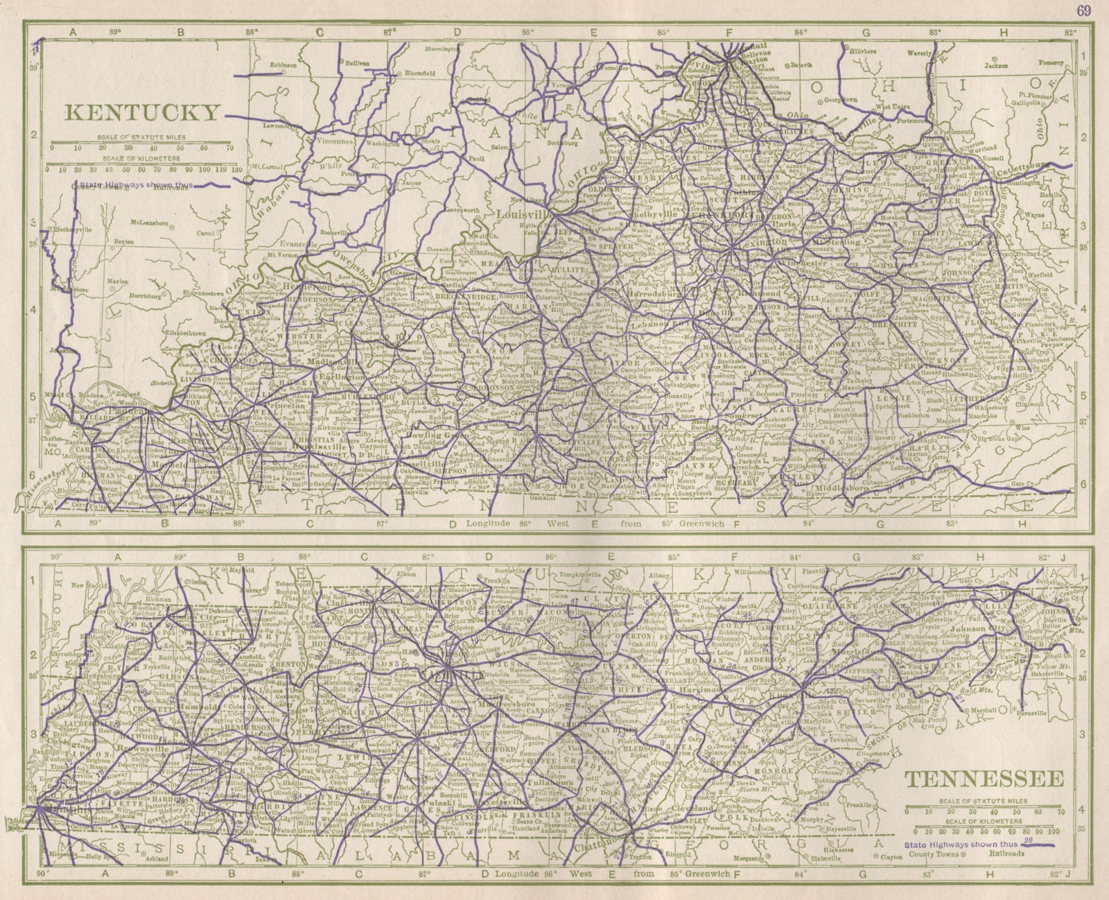 Kentucky & Tennessee State Highways. POATES 1925 old vintage map plan ...