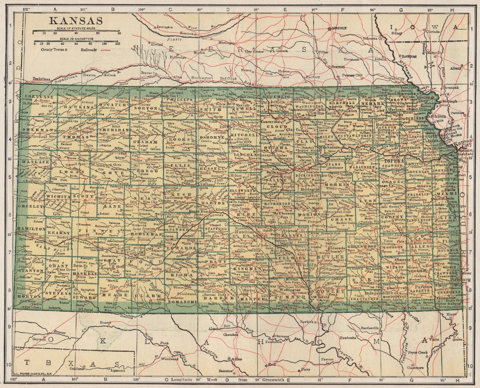Kansas state map showing railroads. POATES 1925 old vintage plan chart ...