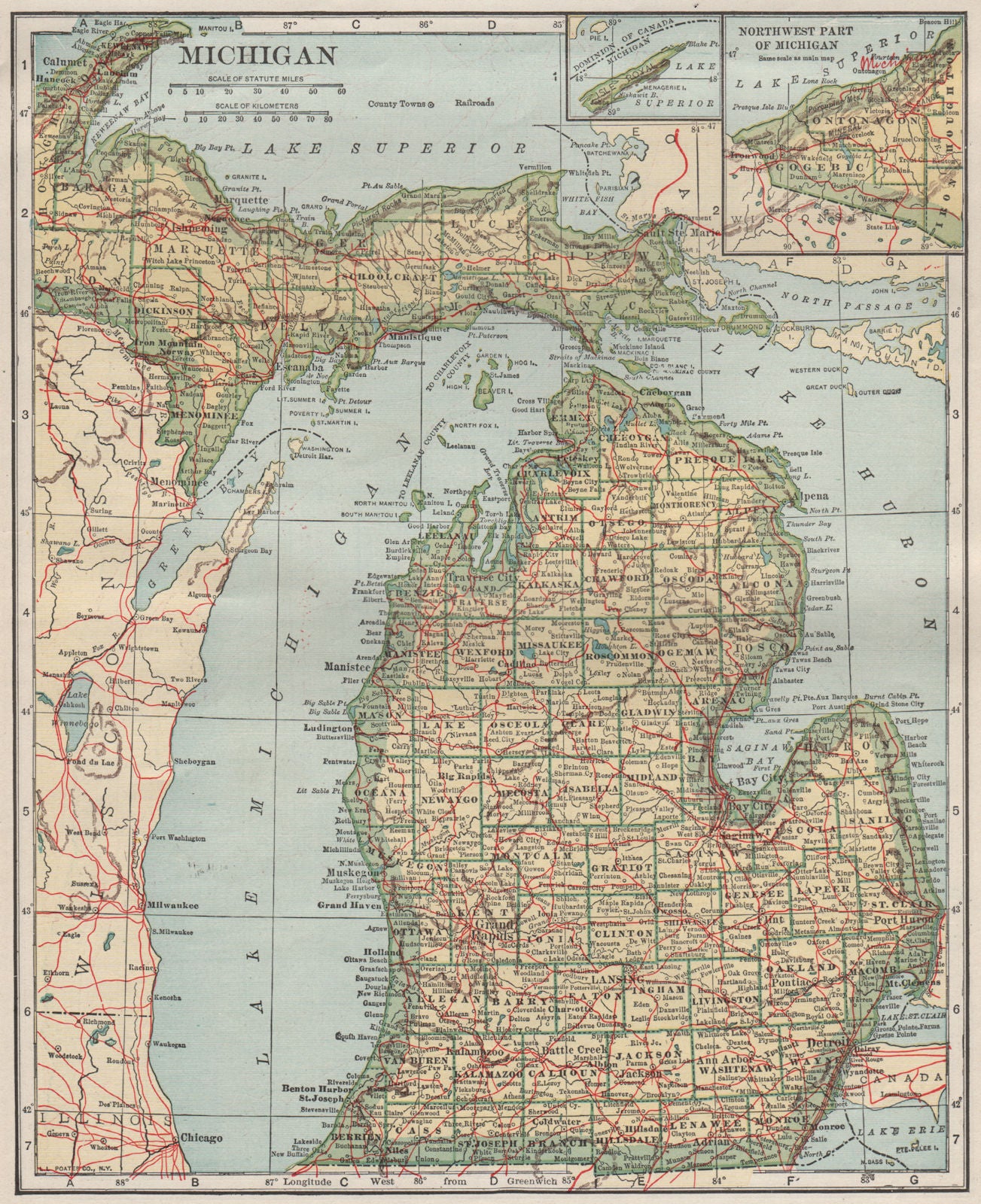 Michigan state map showing railroads. POATES 1925 old vintage plan ...