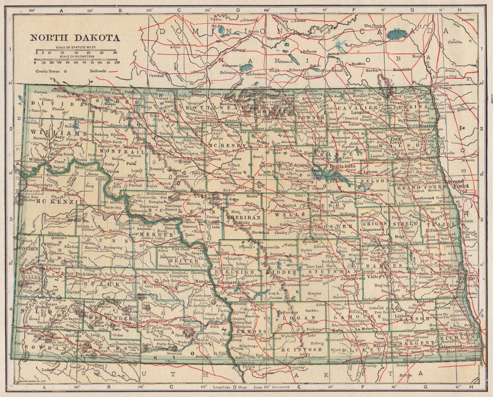 North Dakota state map showing railroads. POATES 1925 old vintage chart ...