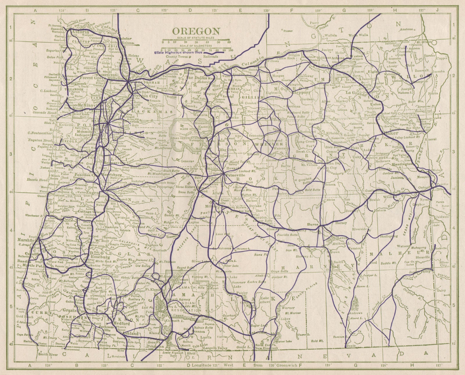 Oregon State Highways. POATES 1925 old vintage map plan chart ...