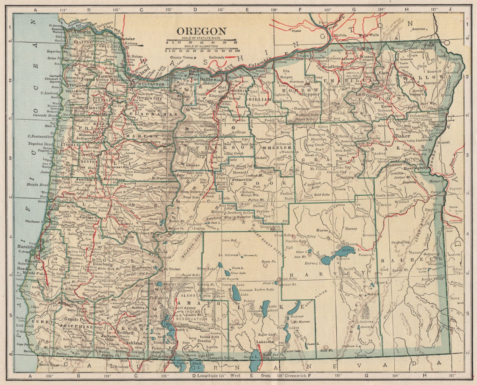 Oregon state map showing railroads. POATES 1925 old vintage plan chart ...
