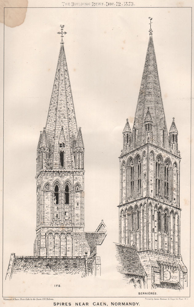 Spires near Caen, Normandy. Calvados 1873 old antique vintage print ...
