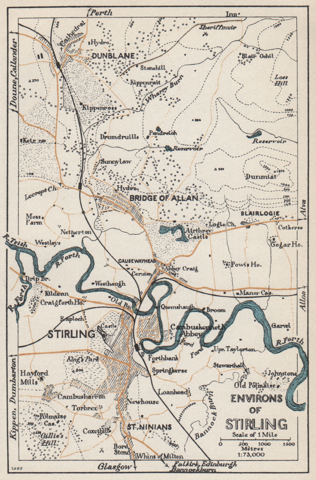 ENVIRONS OF STIRLING. Vintage map plan. Dunblane Bridge of Allan ...