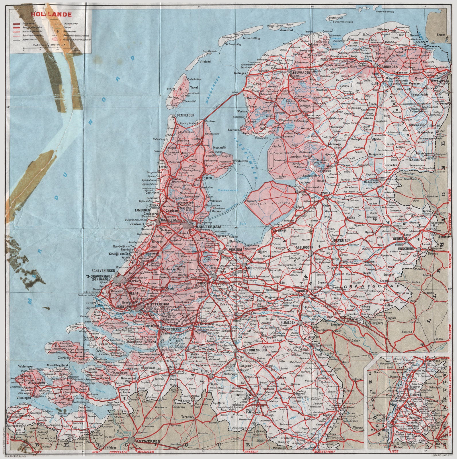 NETHERLANDS HOLLAND showing area below sea level 1964 old vintage map ...