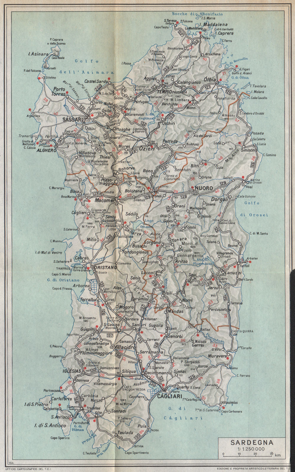 SARDEGNA Sardinia vintage map. Roads railways. Italy 1958 old vintage ...