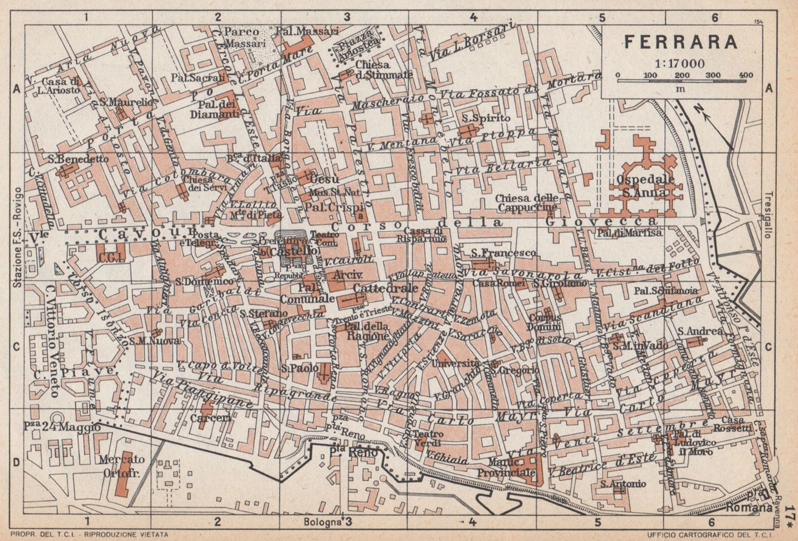 FERRARA vintage town city map plan pianta della città. Italy 1958 old ...