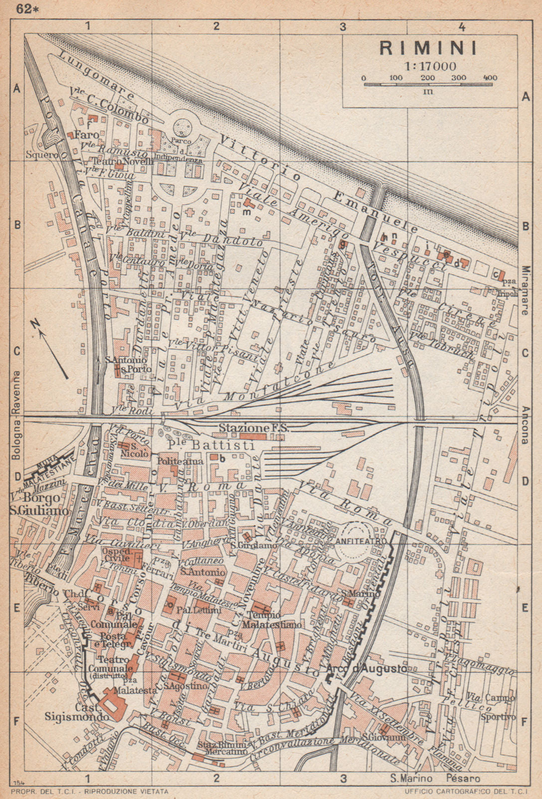 RIMINI vintage town city pianta della città. Italy 1958 old vintage map ...