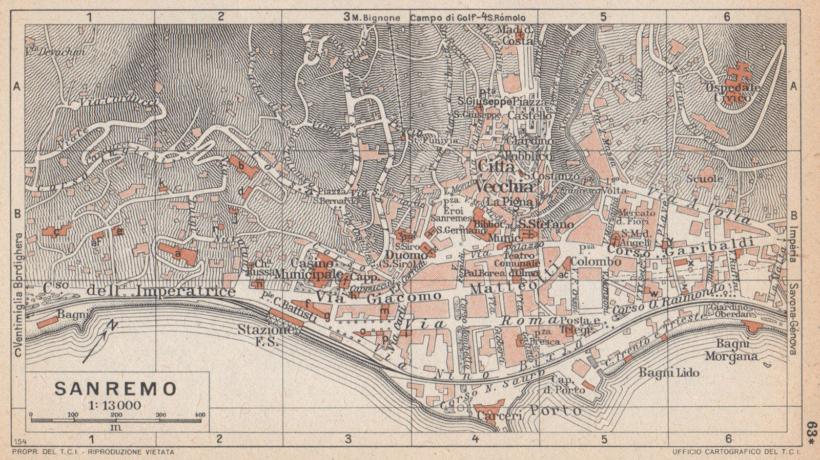 SANREMO vintage town city pianta della città. Italy 1958 old vintage ...