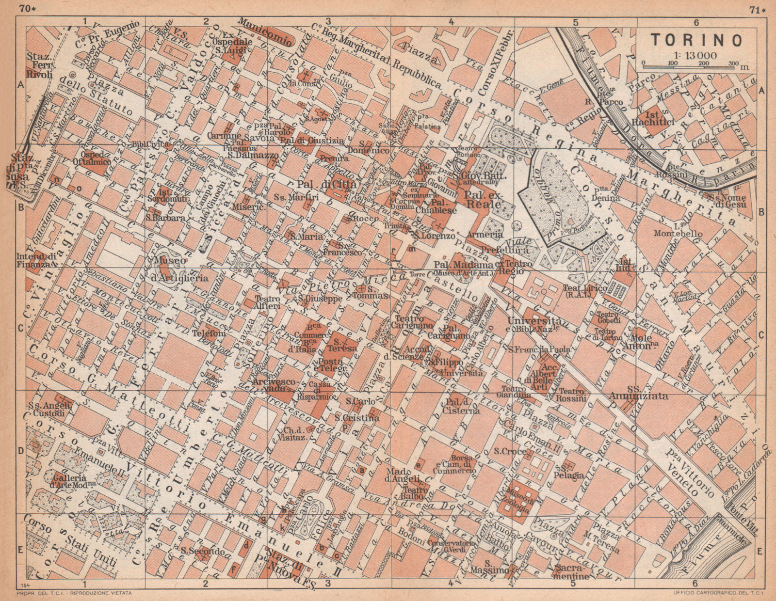 TURIN TORINO vintage town city centre map plan pianta della città 1958 ...