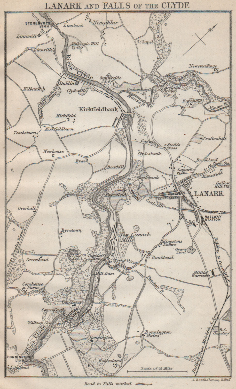 Lanark & the falls of Clyde.. Scotland 1886 old antique vintage map ...