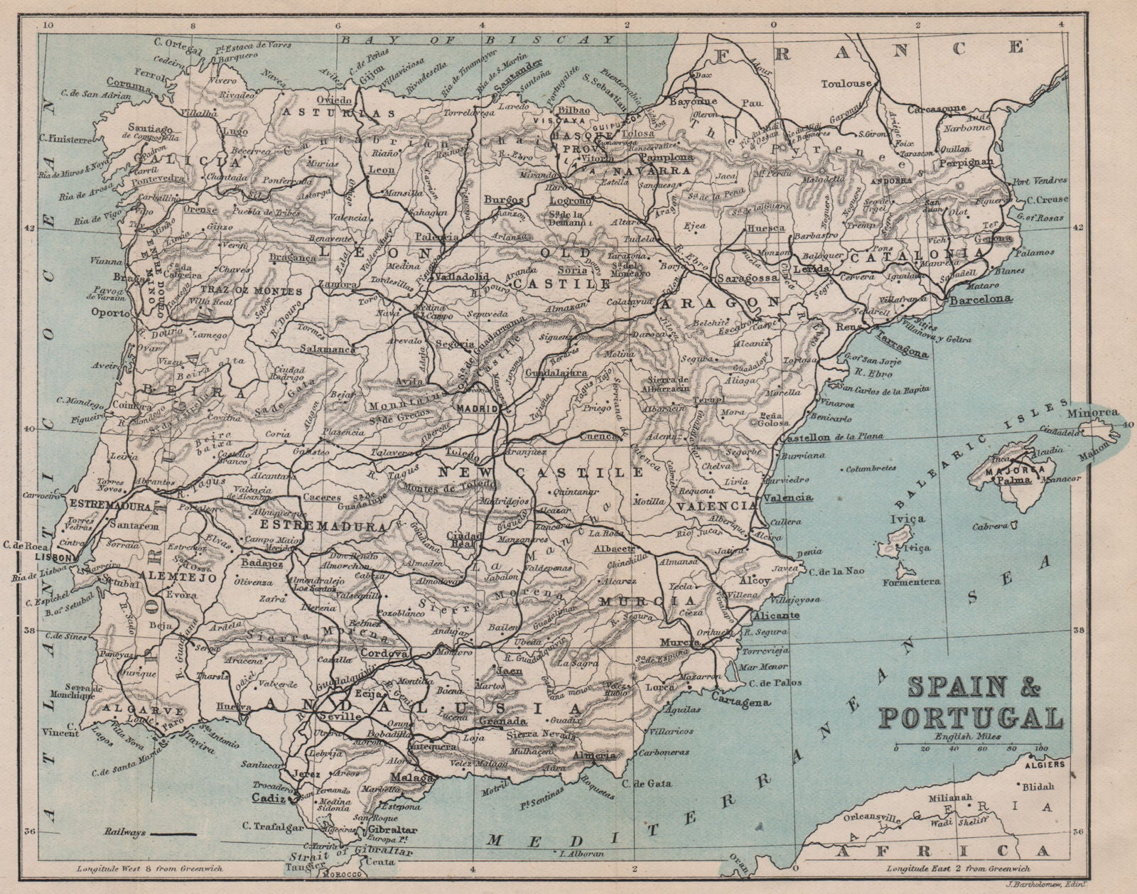 SPAIN & PORTUGAL. Iberia railways 1885 old antique vintage map plan ...