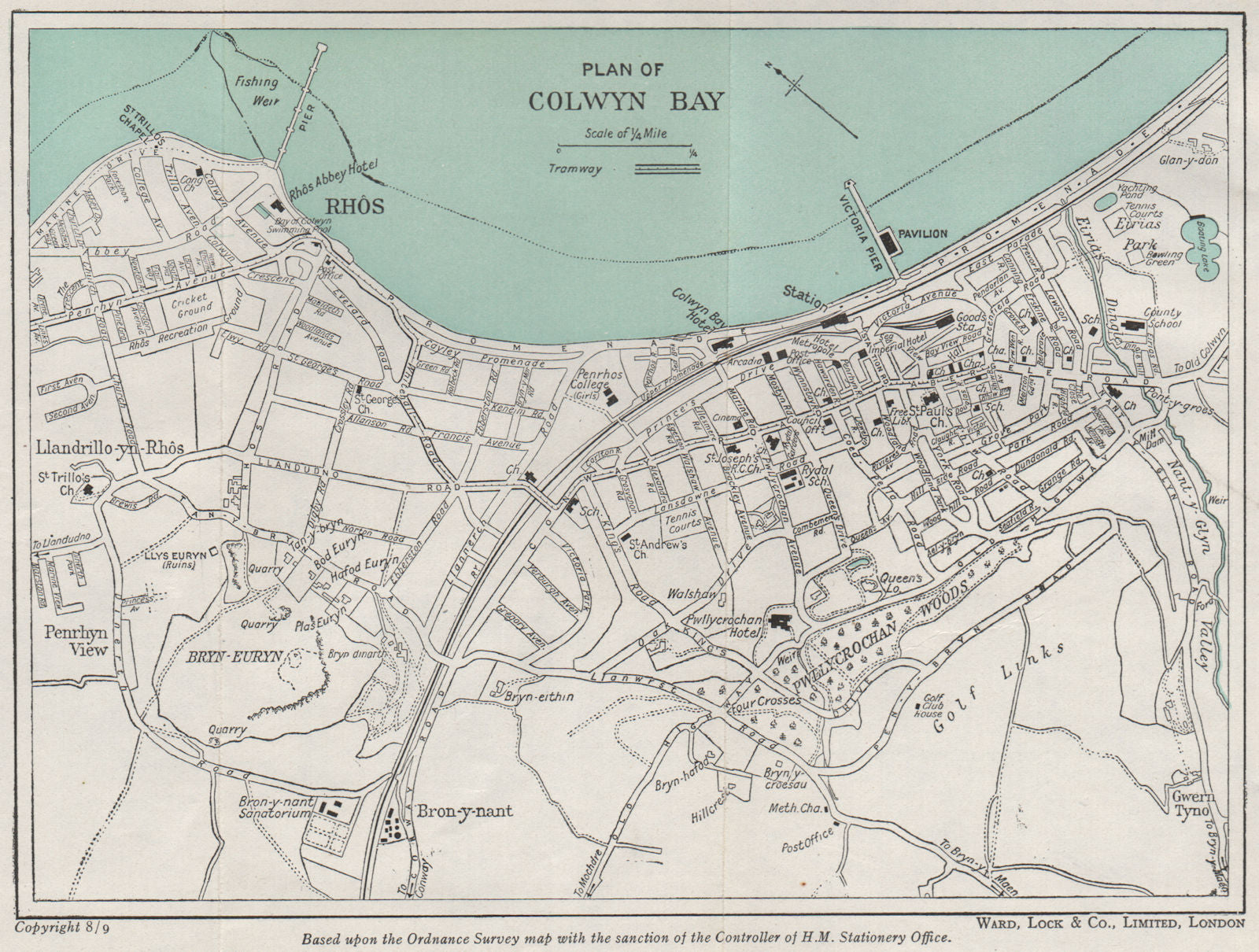 COLWYN BAY vintage town/city plan. Wales. WARD LOCK 1950 old vintage ...