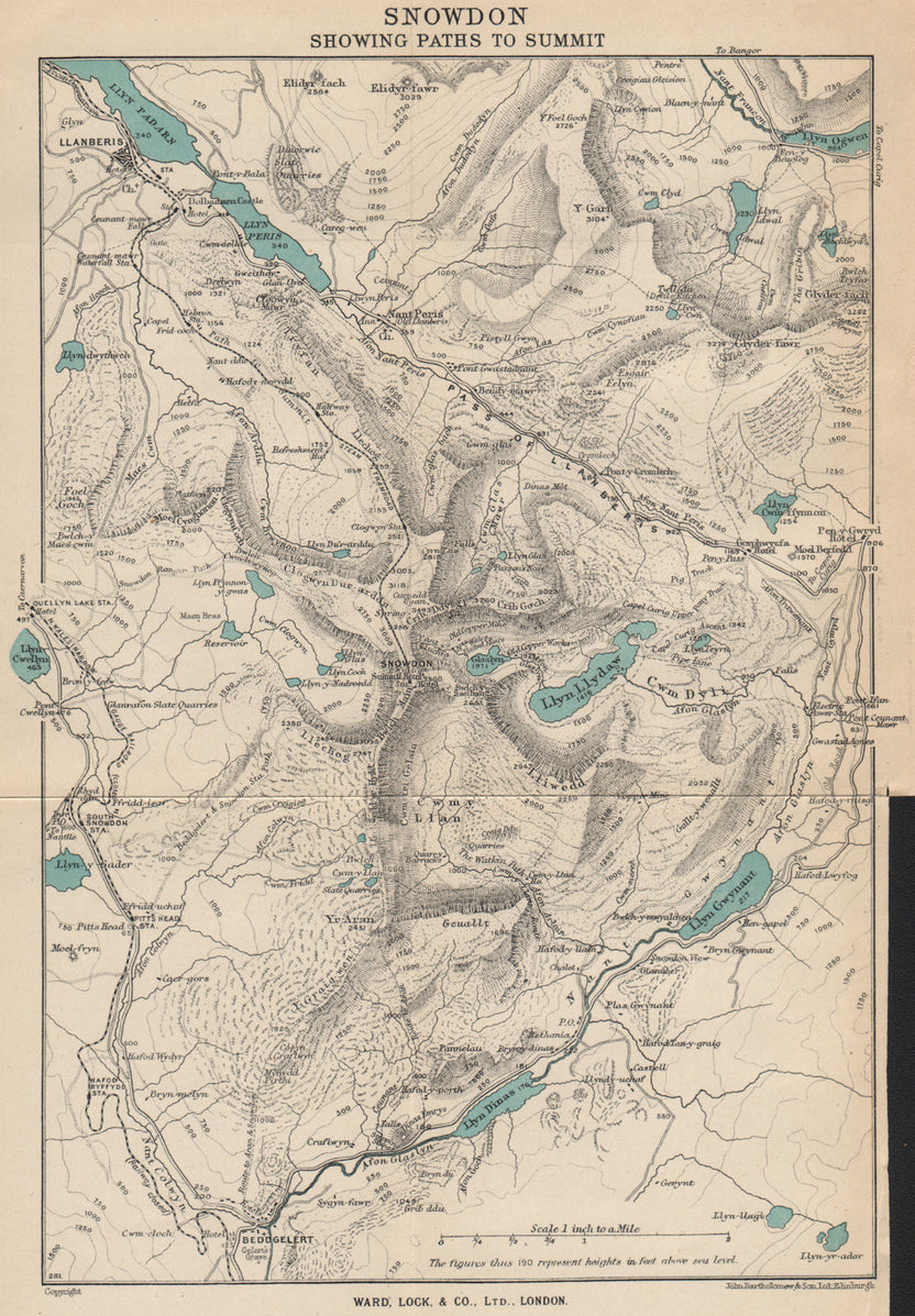SNOWDON SHOWING PATHS TO SUMMIT. Llanberis. WARD LOCK 1948 old vintage ...