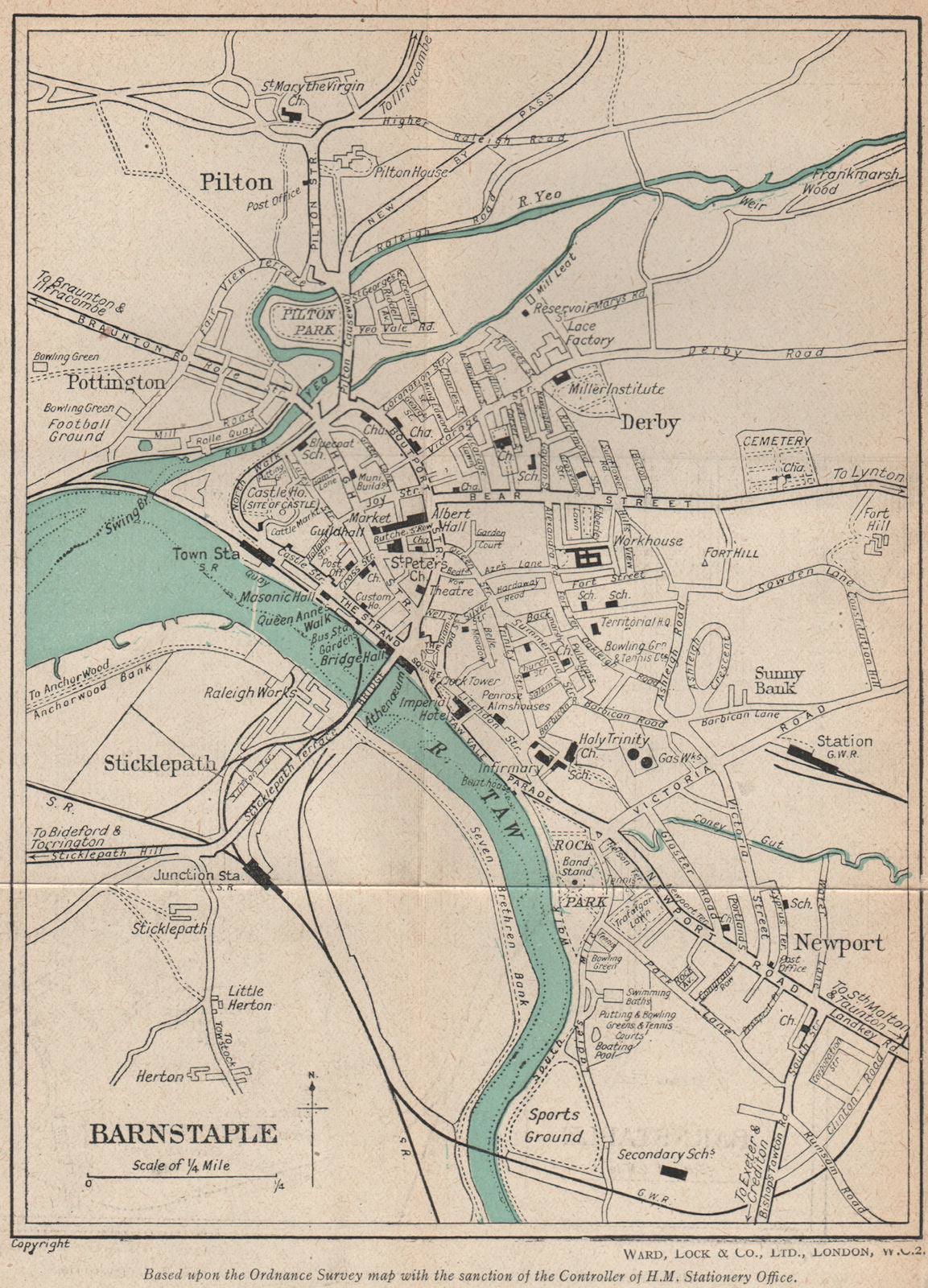 BARNSTAPLE vintage town/city plan. Devon. WARD LOCK 1946 old vintage ...