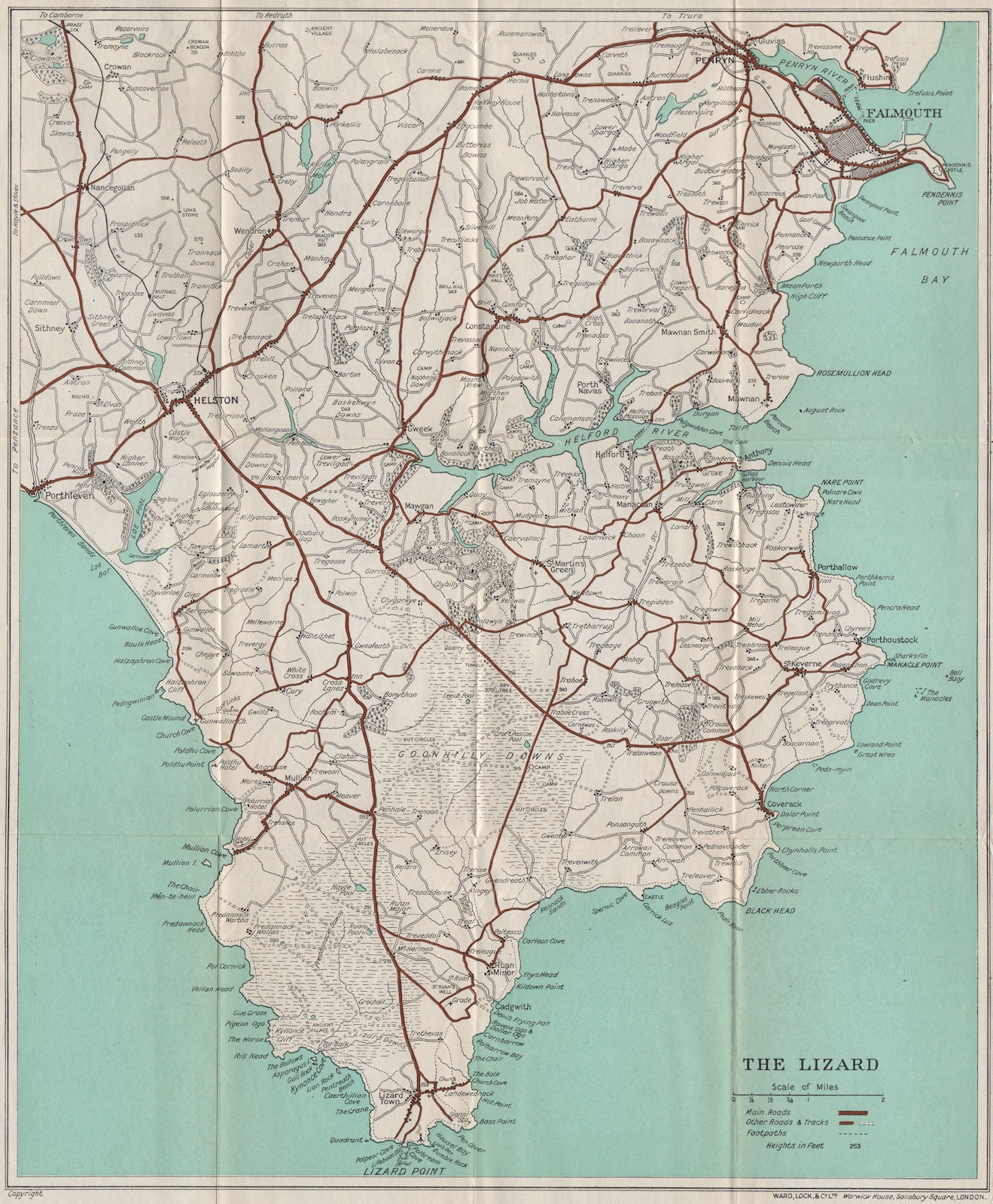 THE LIZARD topo map. Helston Falmouth Helford River Cornwall. WARD LOCK ...