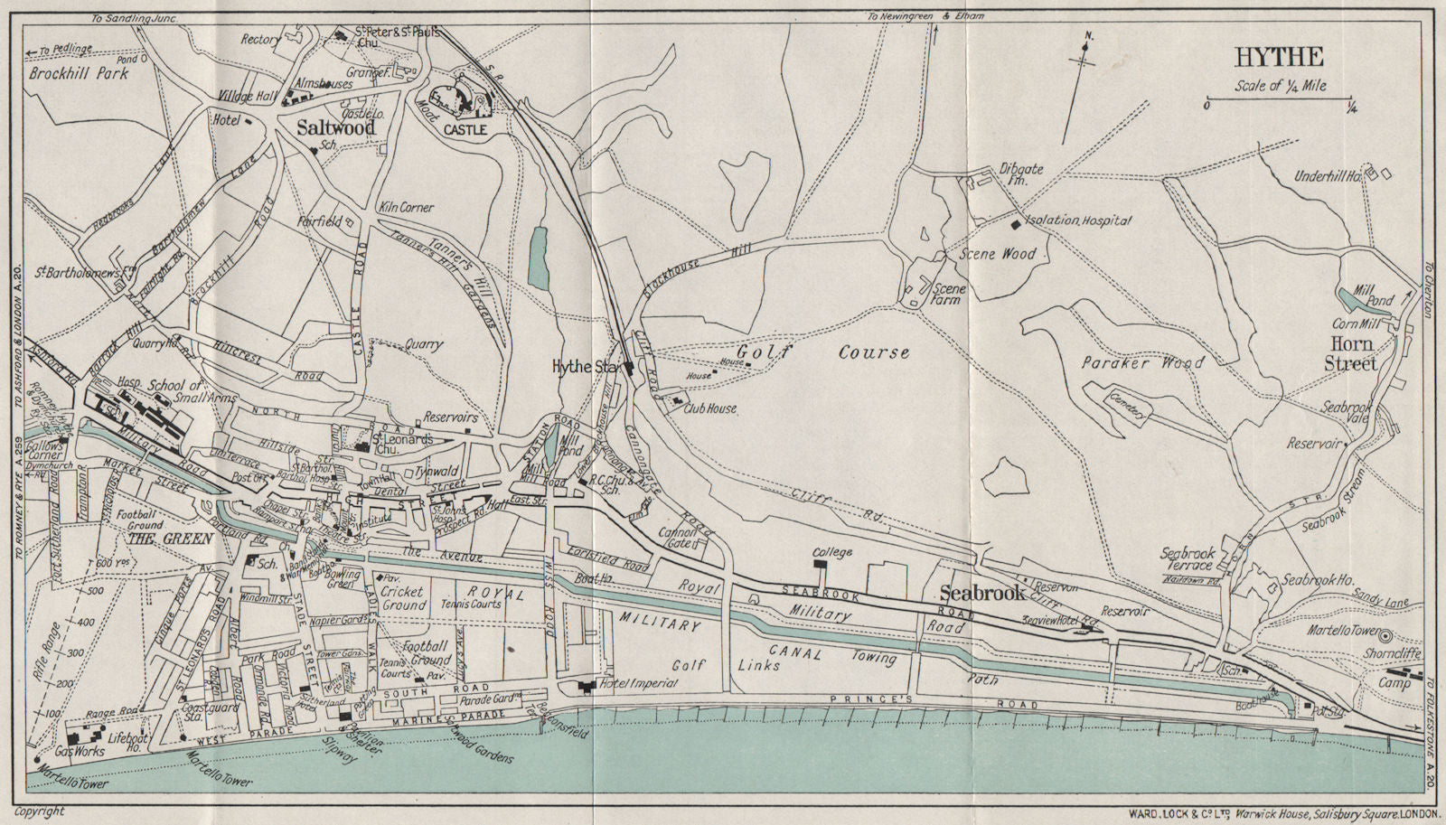 HYTHE vintage town/city plan. Kent. WARD LOCK 1938 old vintage map ...