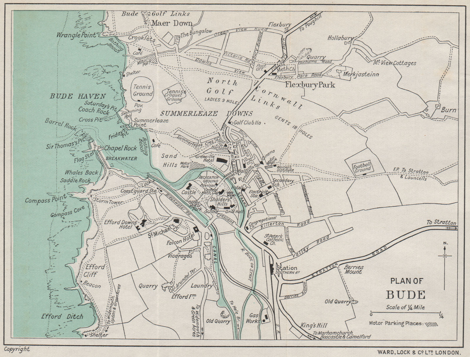 BUDE vintage town/city plan. Cornwall. WARD LOCK 1936 old vintage map ...