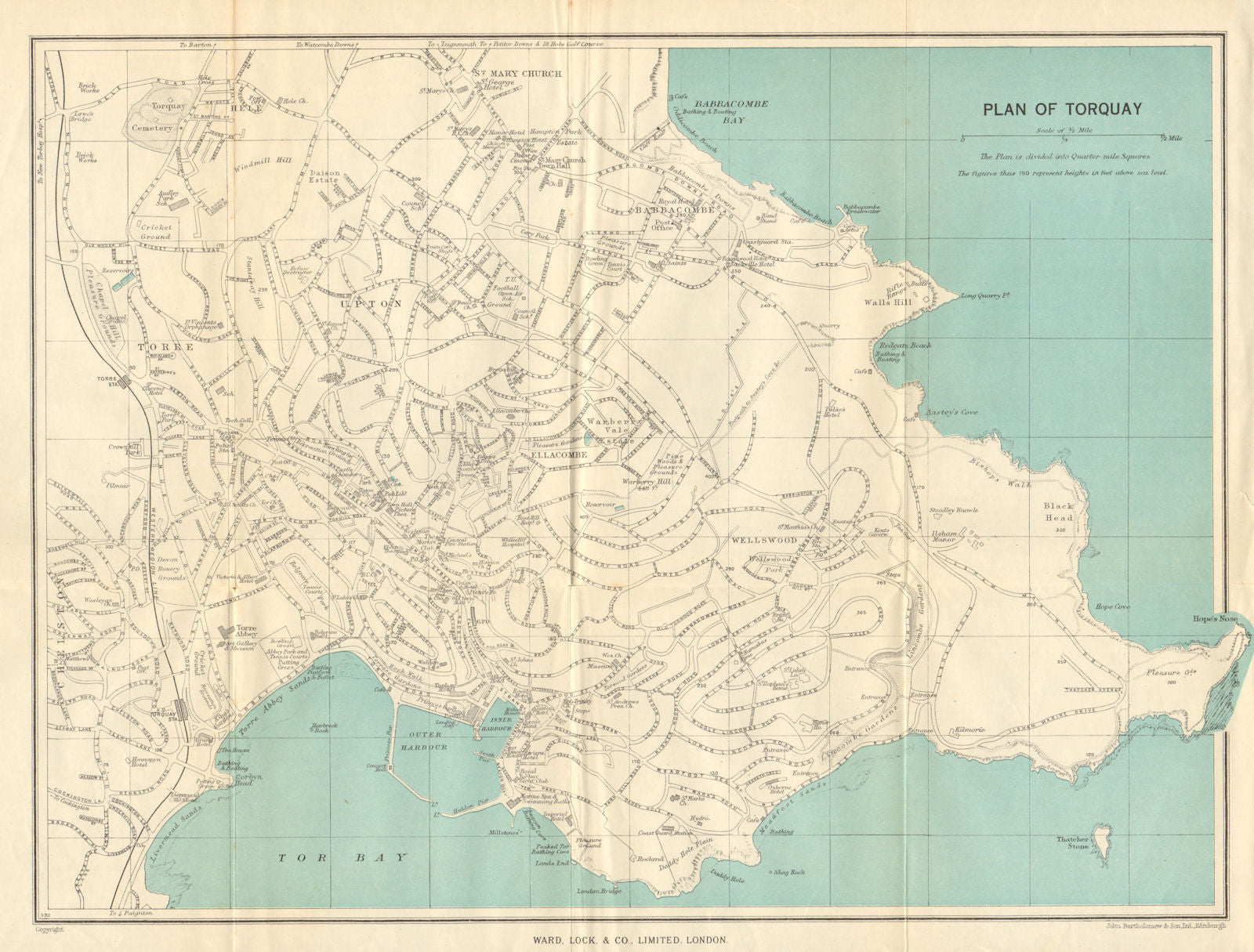 TORQUAY vintage town/city plan. Devon. WARD LOCK 1948 old vintage map ...