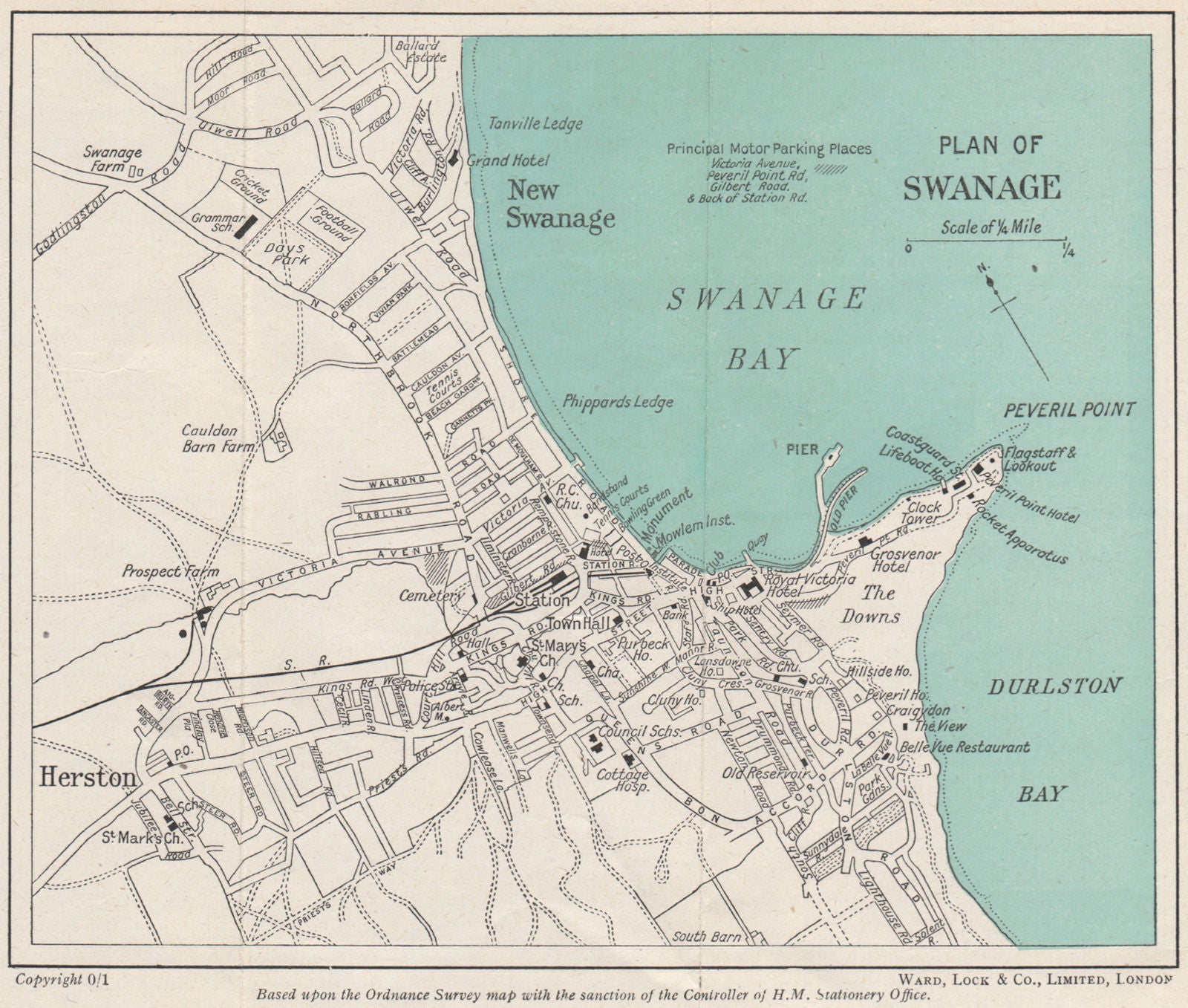SWANAGE vintage town/city plan. Dorset. WARD LOCK 1953 old vintage map ...