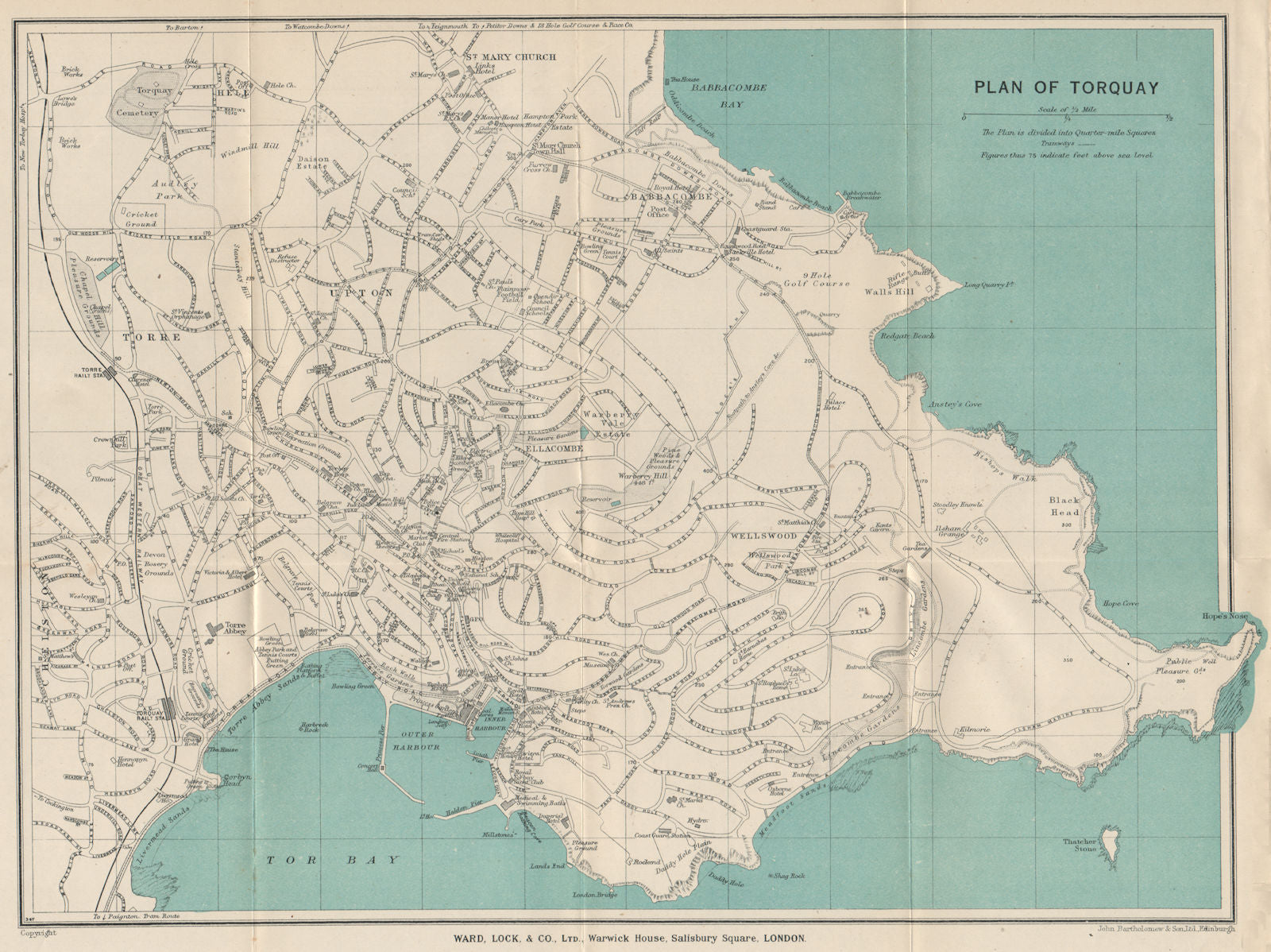 TORQUAY vintage city/town plan. Devon. WARD LOCK 1932 old vintage map ...