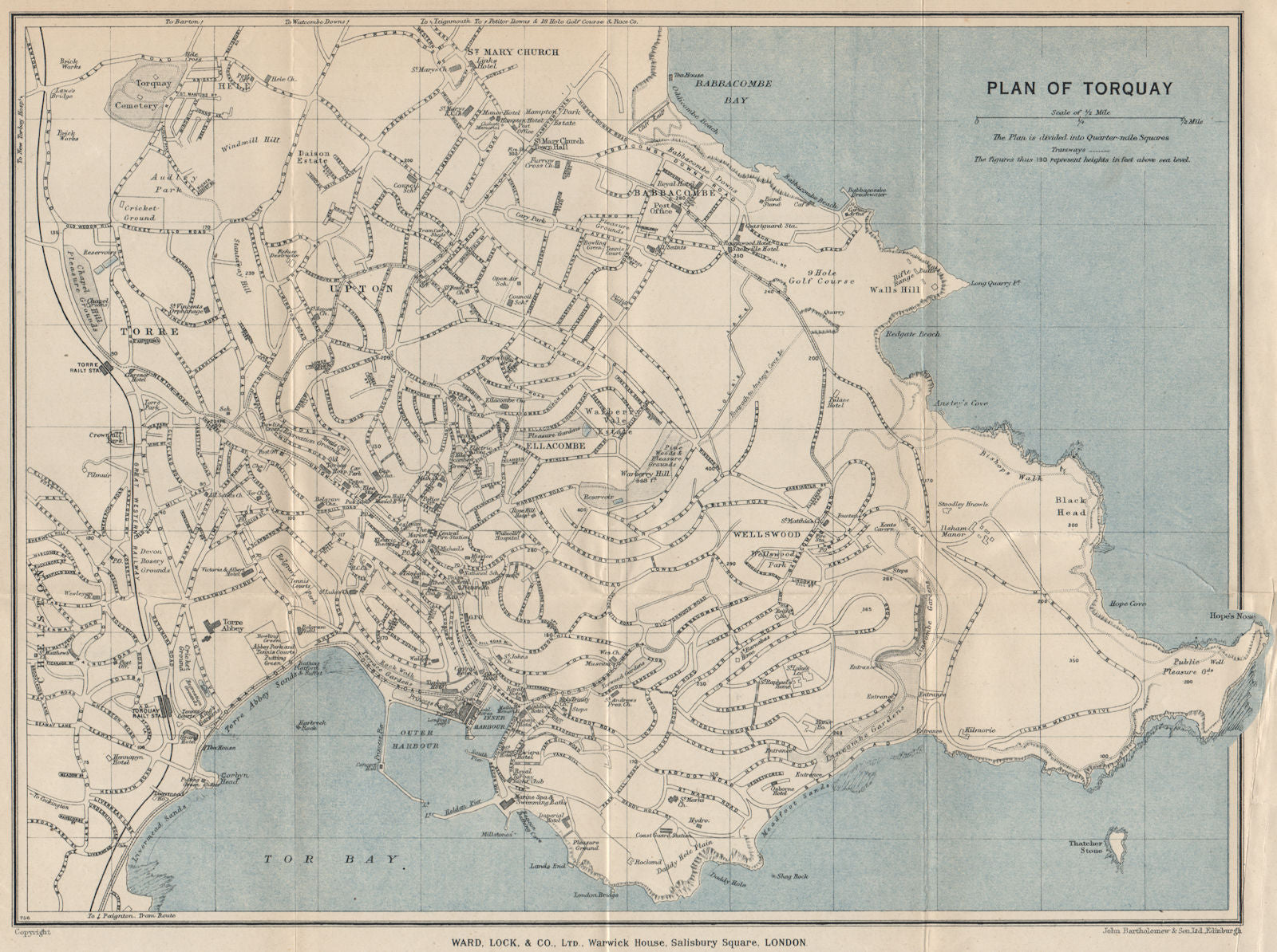 TORQUAY vintage town/city plan. Devon. WARD LOCK 1936 old vintage map ...