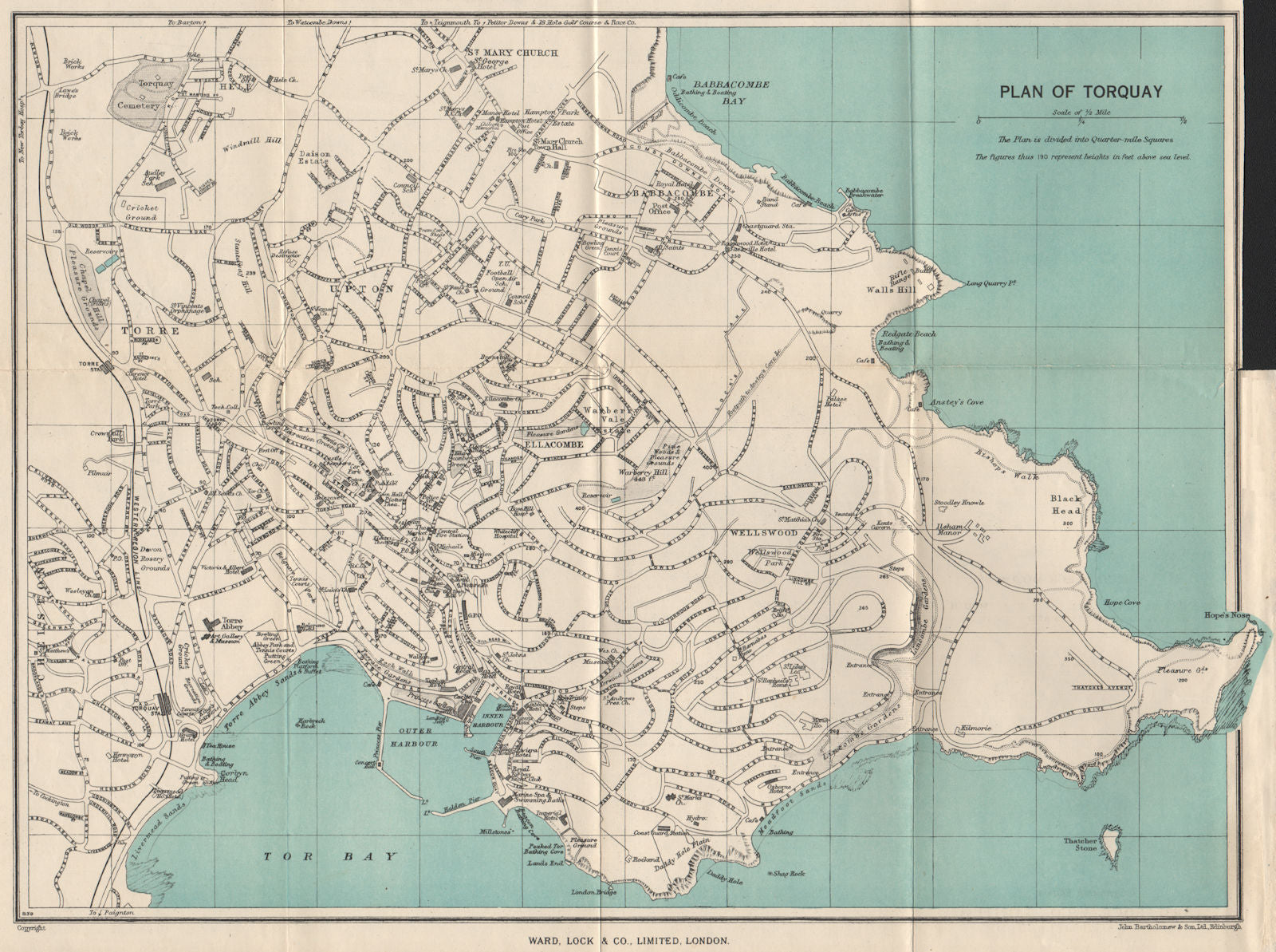 TORQUAY vintage town/city plan. Devon. WARD LOCK 1954 old vintage map ...