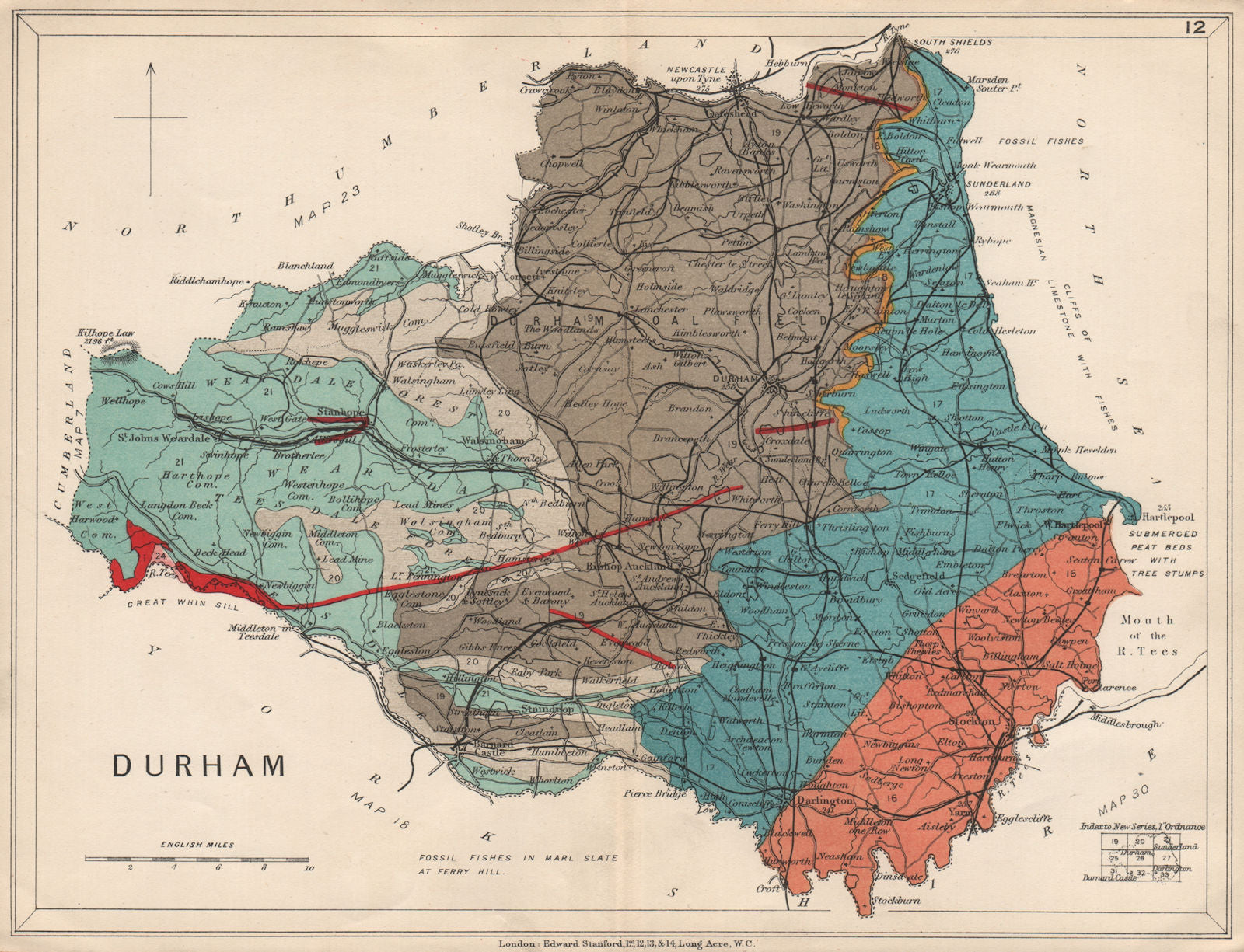 COUNTY DURHAM Geological map. STANFORD 1913 old antique vintage plan ...