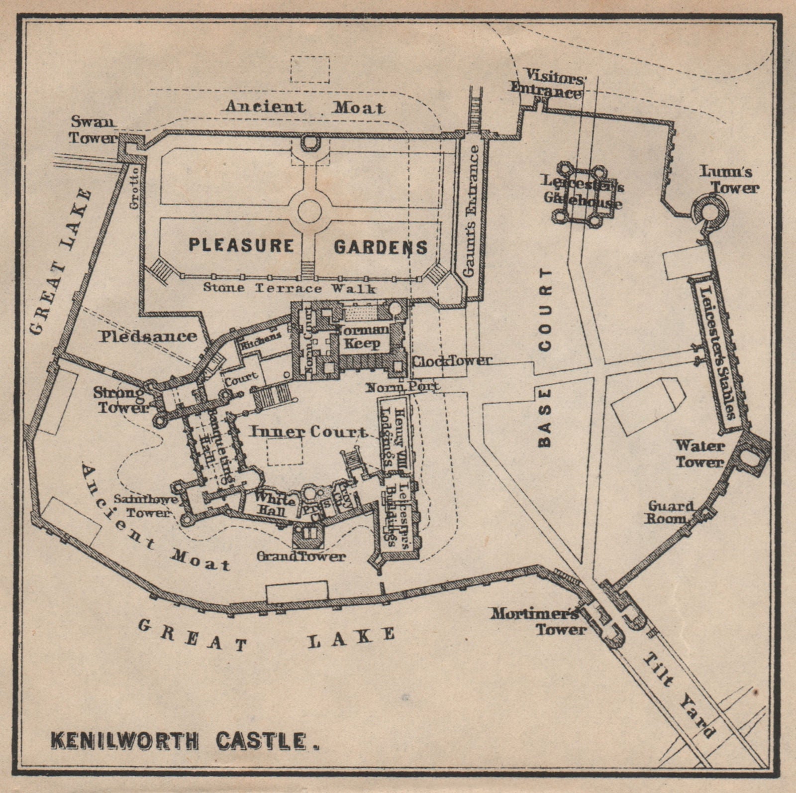 KENILWORTH CASTLE ground plan. Warwickshire. BAEDEKER. SMALL 1906 old ...