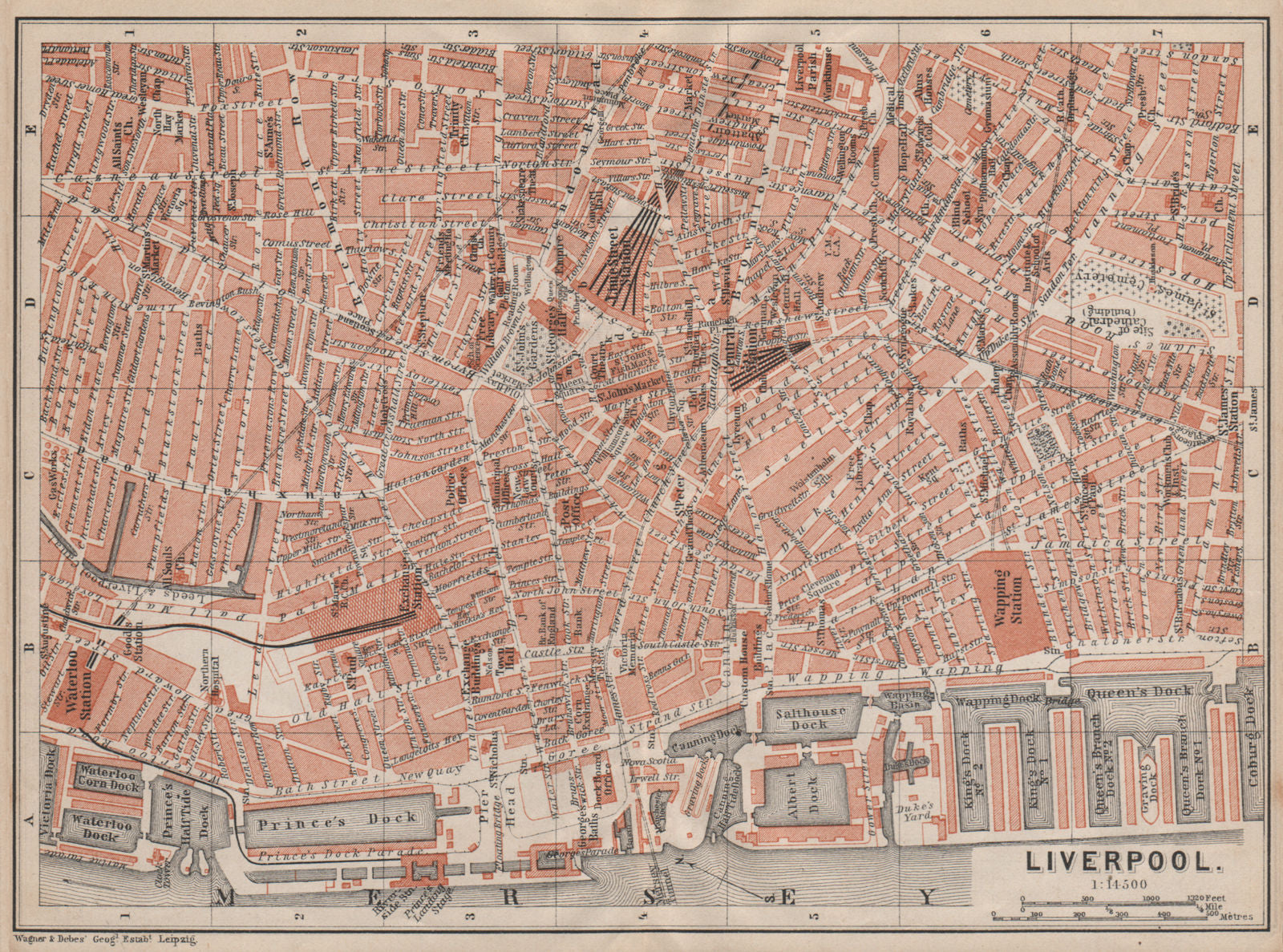 LIVERPOOL CITY CENTRE antique town plan. BAEDEKER 1906 old map chart ...