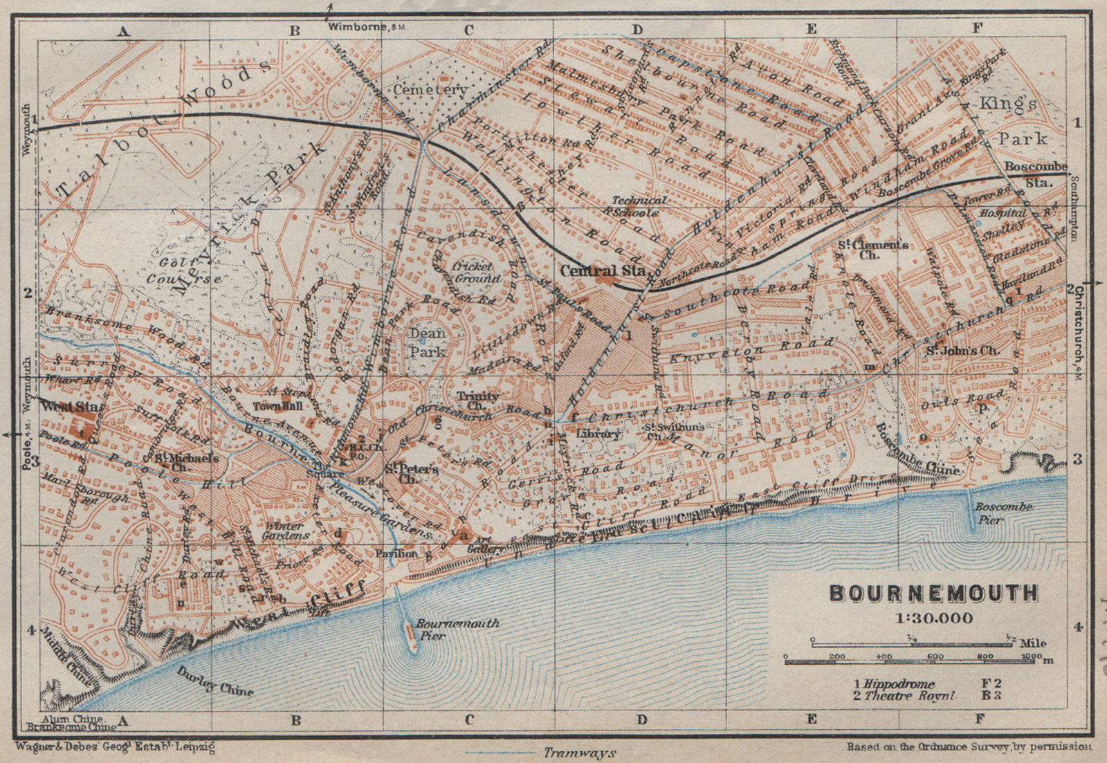 BOURNEMOUTH antique town city plan. West Cliff. Dorset. BAEDEKER 1927 ...