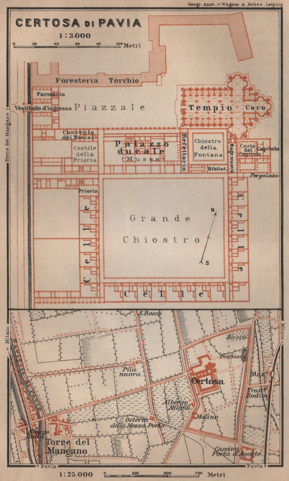 CERTOSA DI PAVIA ground plan. Italy. Torre del Mangano mappa. BAEDEKER ...