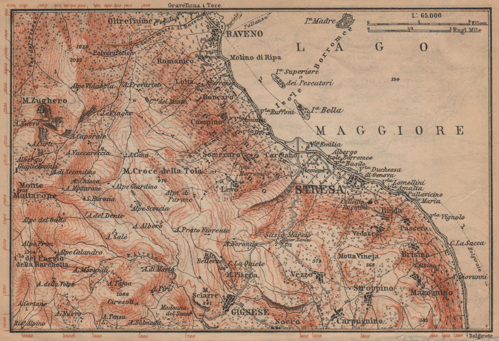 STRESA ENVIRONS. Baveno Gignese. Italy mappa. BAEDEKER 1903 old antique ...