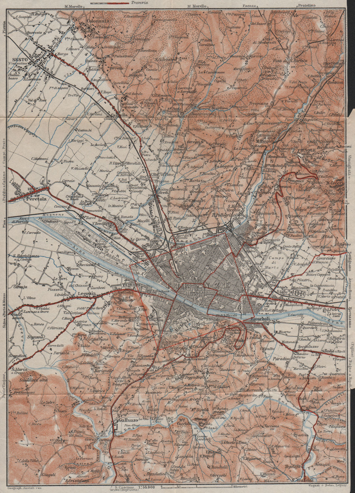 FLORENCE FIRENZE environs. Galluzzo Fiesole. Italy mappa. BAEDEKER 1913 ...