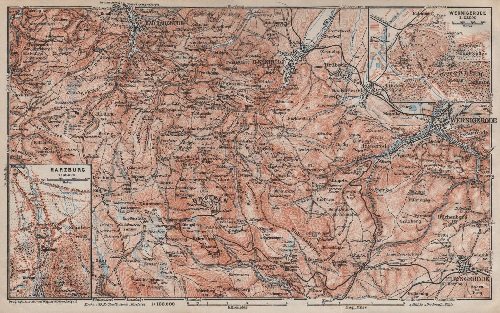 BAD HARZBURG & WERNIGERODE town city stadtplan. HARZ MOUNTAINS. Brocken ...