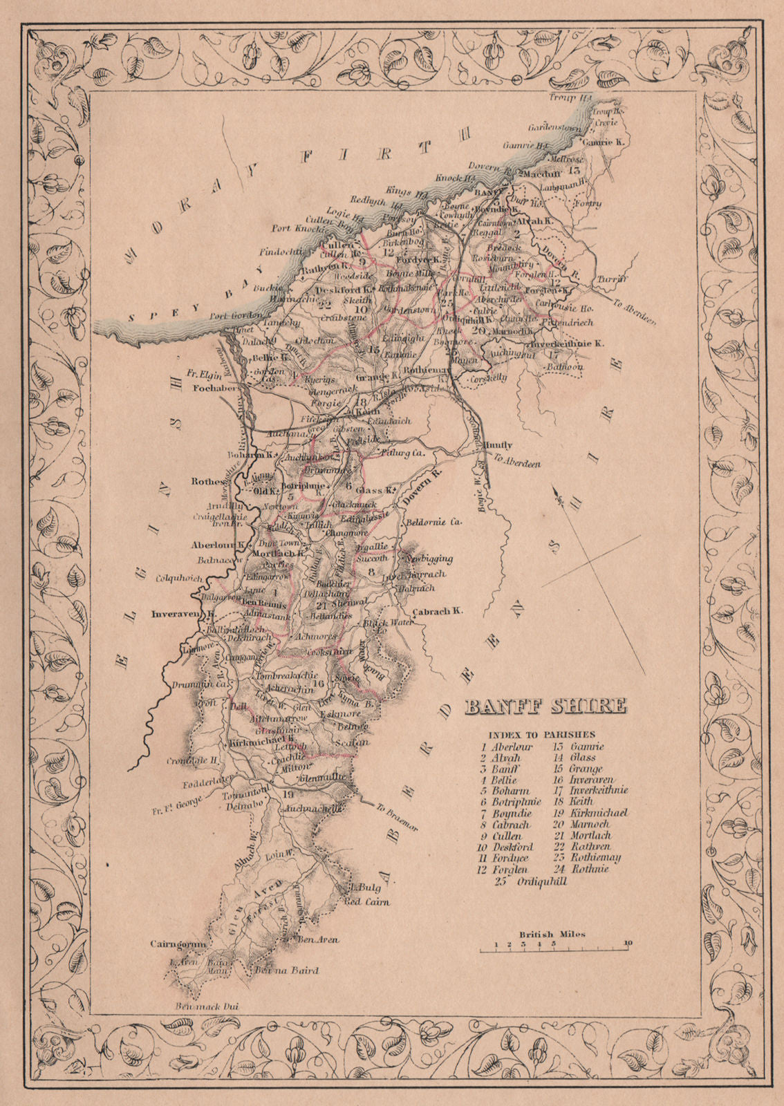 Decorative antique county map of Banffshire, Scotland. FULLARTON 1868 ...