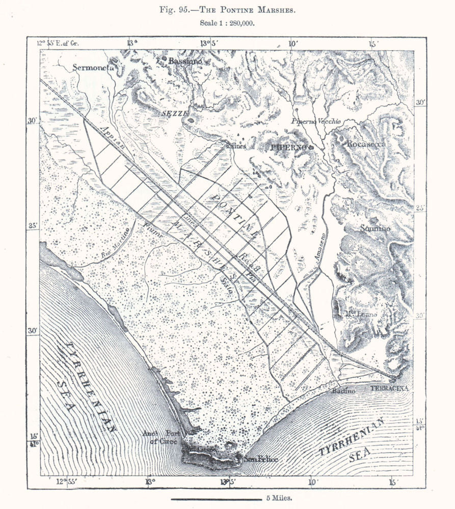 The Pontine Marshes. Piperno. Italy. Sketch map 1885 old antique chart ...