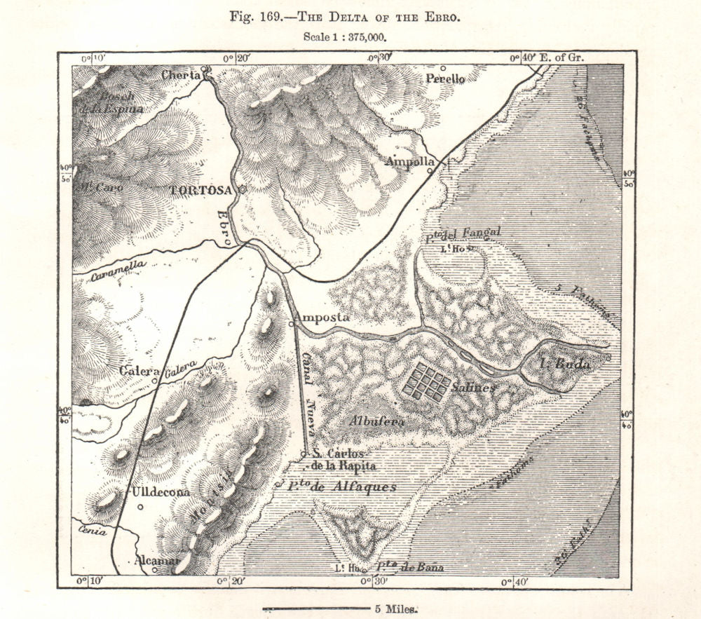The Delta of the Ebro. Tortosa. Spain. Sketch map 1885 old antique ...