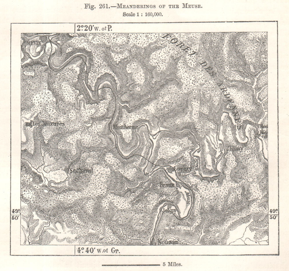 Meanderings of the Meuse. Ardennes. Sketch map 1885 old antique plan ...