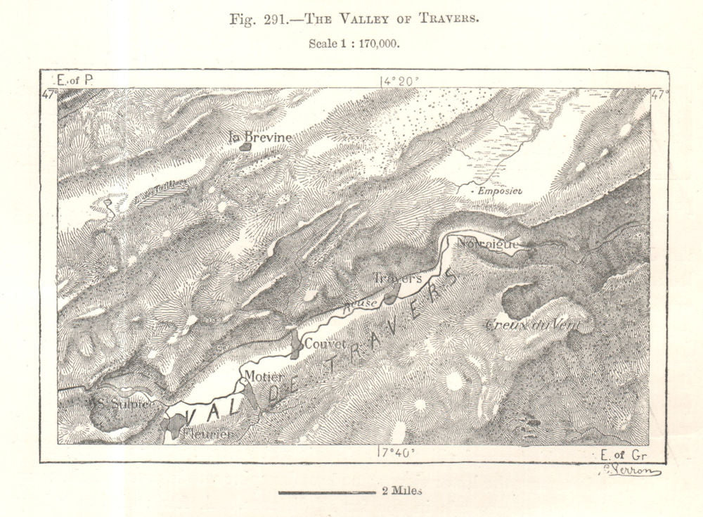 The Valley of Travers. Switzerland. Sketch map 1885 old antique plan ...