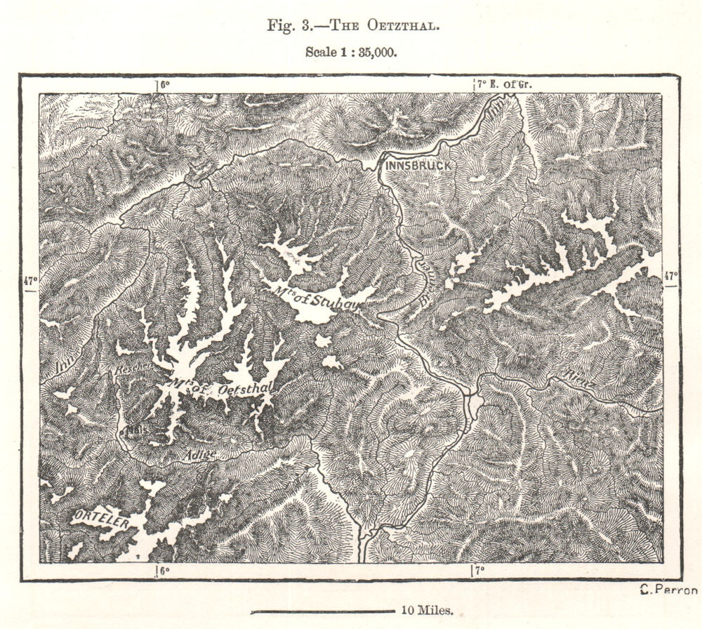 The Oetzthal. Ötztal. Austria. Sketch map 1885 old antique plan chart ...