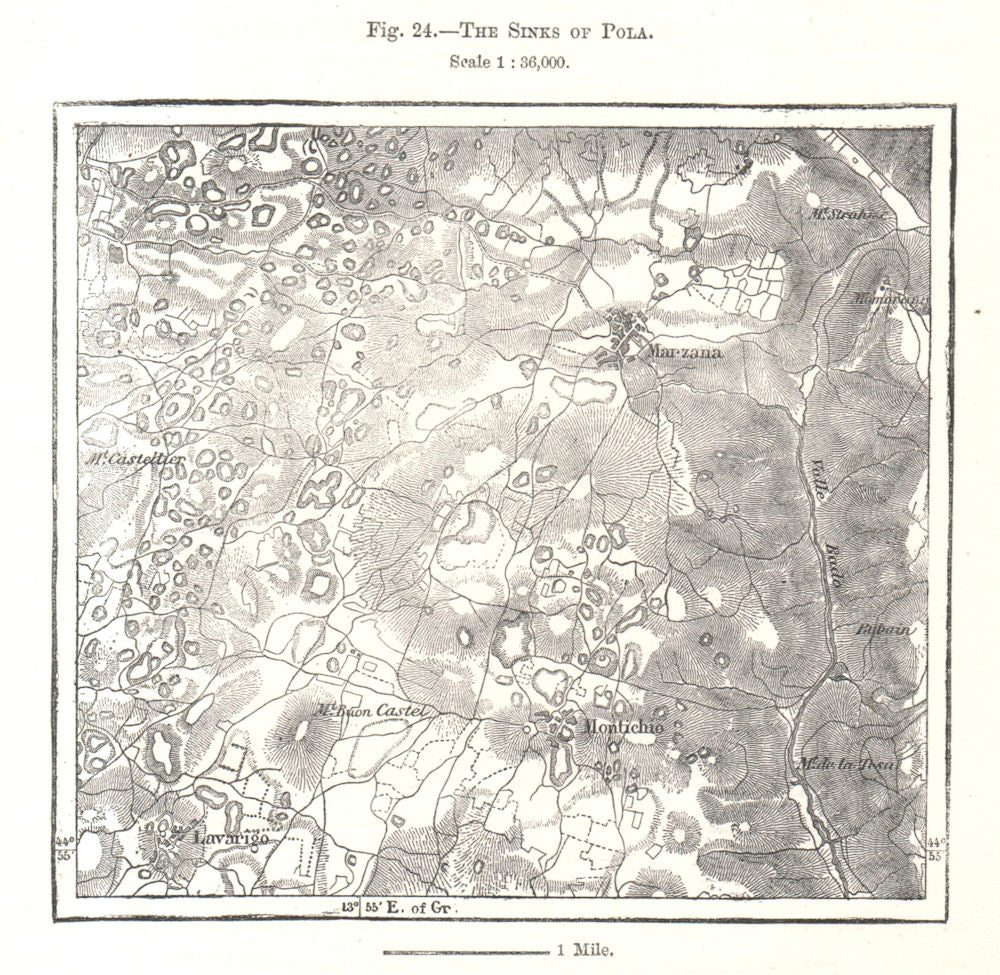 The Sinks of Pula (Pola). Croatia. Sketch map 1885 old antique plan ...