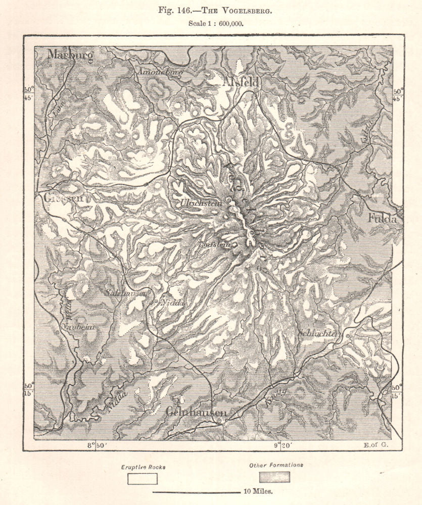 The Vogelsberg. Alsfeld. Fulda. Germany. Sketch map 1885 old antique ...