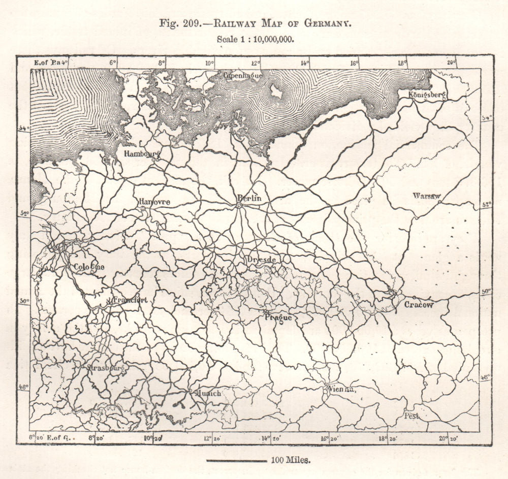 Railway Map of Germany. Sketch map 1885 old antique vintage plan chart ...