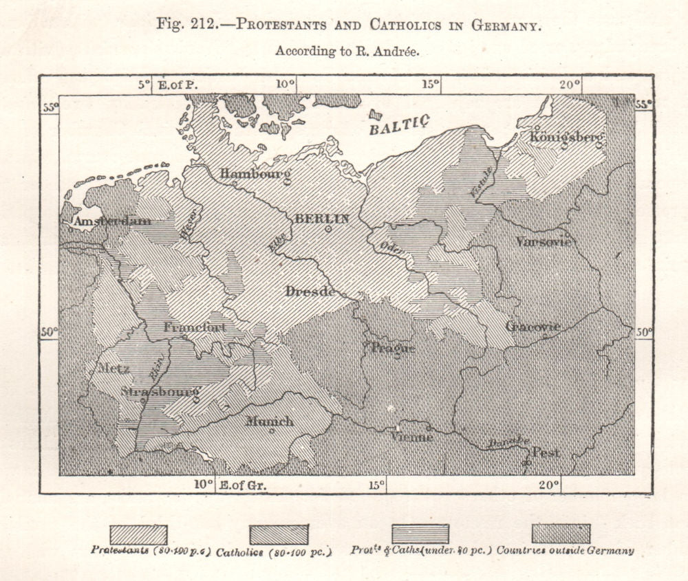 Protestants and Catholics in Germany. Sketch map 1885 old antique chart ...